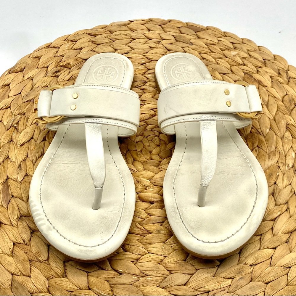 Tory Burch White Cream Leather Gold Logo Slip On Thon… - Gem